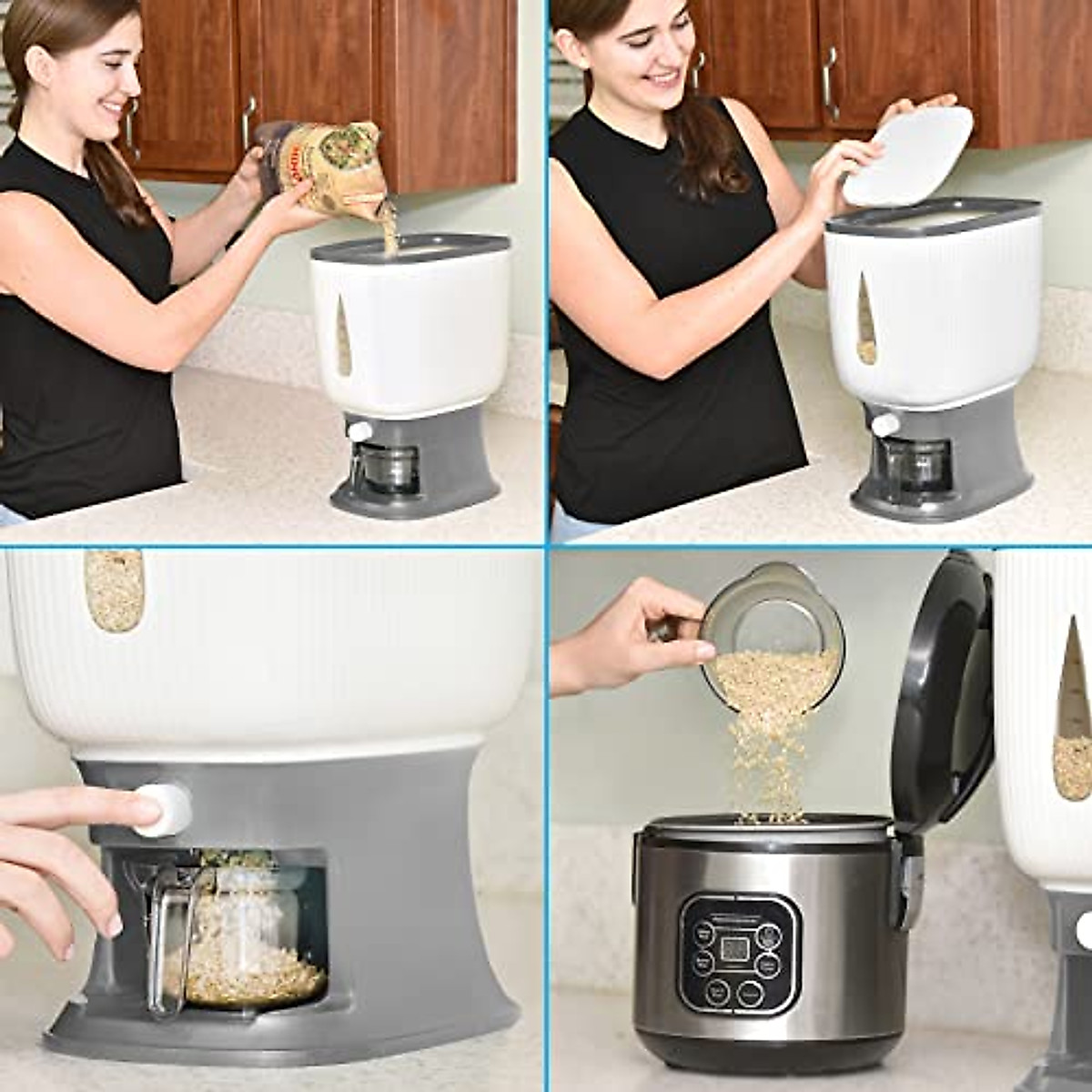 Variety Savings Coutnertop Rice Dispenser – Air Tight Rice Dispenser – Included Measuring Rice Cup & Cleaning Brush – Multipurpose Kitchen Rice Dispenser for Grains Cereal Snacks Nuts & More – 22 lbs - Gray