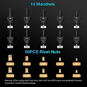 YUZES Rivet Nut Tool Rivet Nut Kit, Rivet Nut Gun Adapter Compatible with Cordless Drill & Ratchet Wrench, Newly Labor-Saving Rivnut Tool with 10 Mandrels & 50 Rivet Nuts, Rugged Carrying Case
