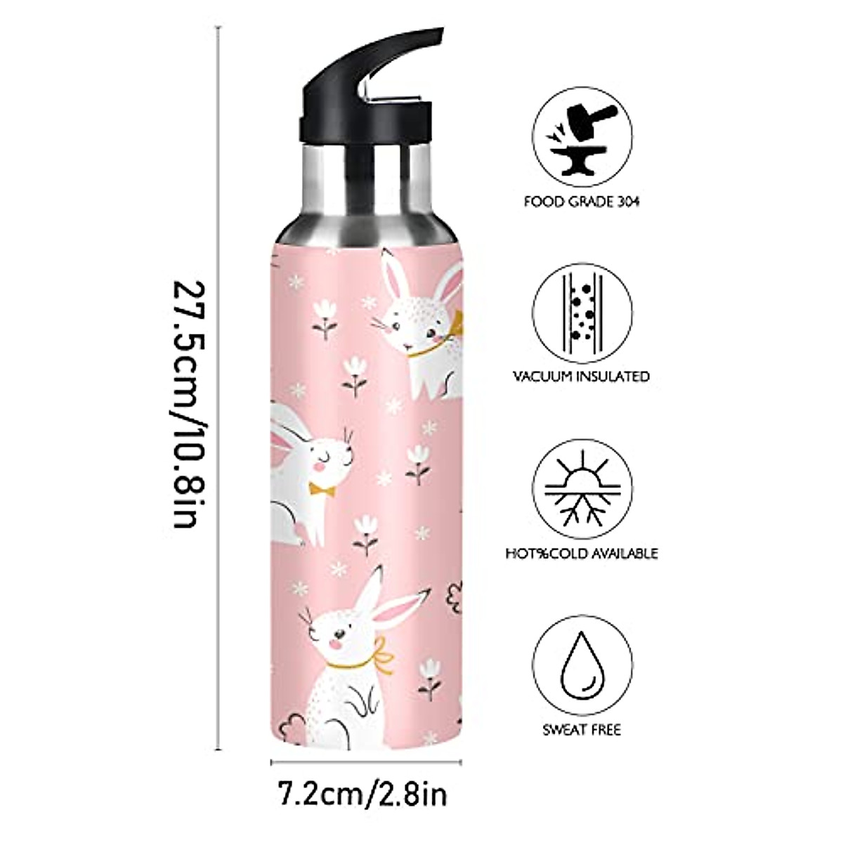Cute Floral Bunny Kids Water Bottle Thermos with Straw Rabbit Animals School Vacuum Insulated Stainless Steel Thermos Bottle Cup Leakproof Sport Travel Cup Mug Handle for Girls Women Biking 20 OZ
