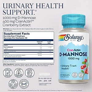 Solaray D-Mannose 1000mg with CranActin Cranberry Extract - D Mannose Cranberry Supplement with Vitamin C - Supports Urinary Tract and Bladder Health - Vegan, 60 Day Guarantee, 30 Servings, 60 VegCaps