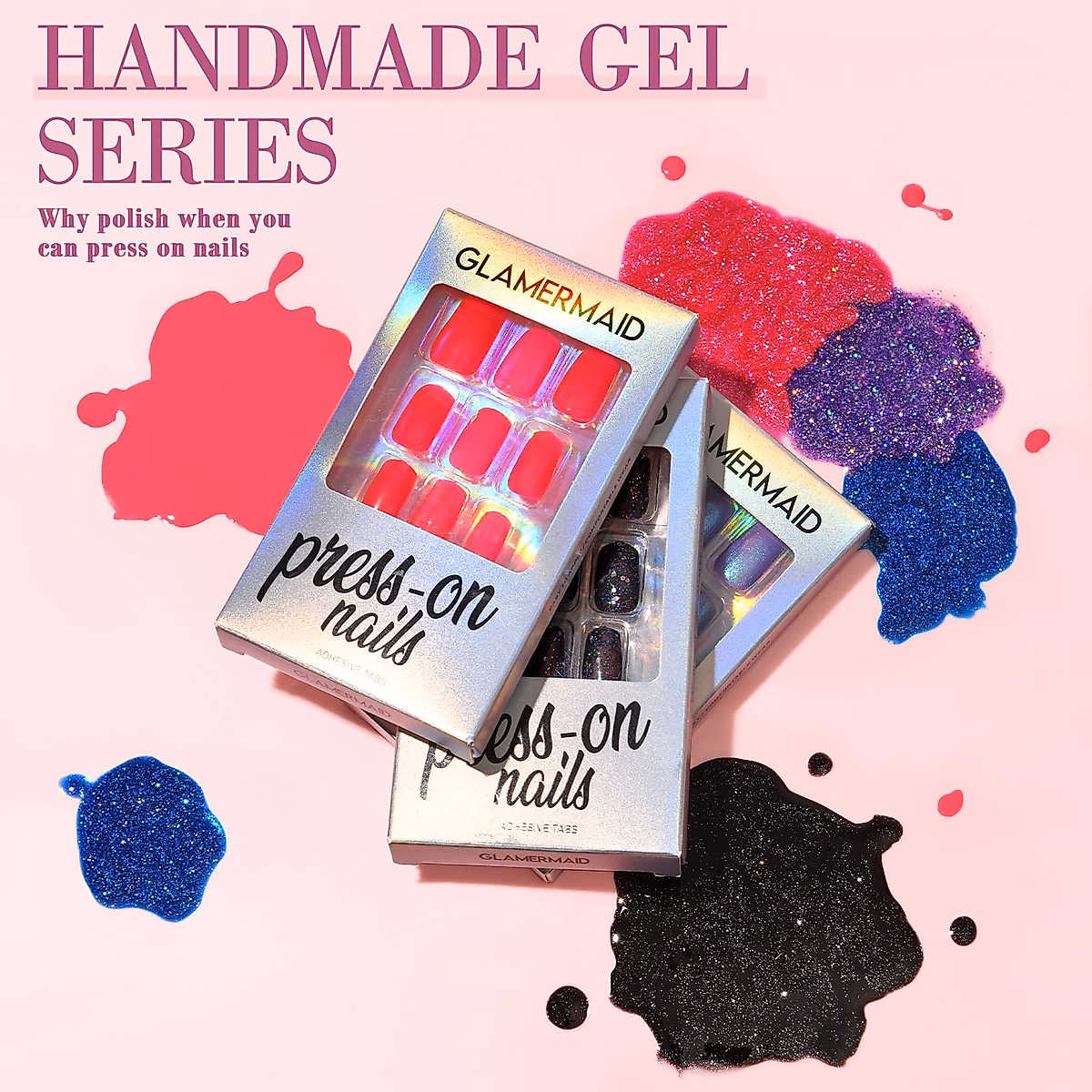 GLAMERMAID White Press On Nails Short Almond, 3D Gothic Handmade Soft Jelly Gel Fake Nails with Golden Star Blossom Design, Round Oval Stick Glue on Nail Kit for Women, Reusable Acrylic False Nail Set