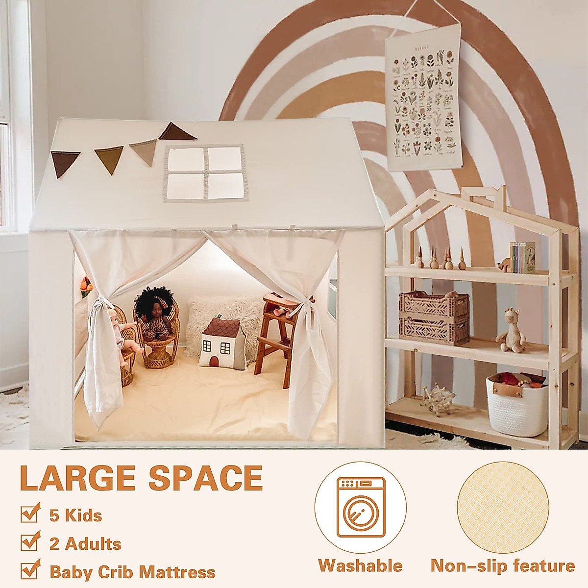 Kids Tent with Mat, Lights and Flags, Play Tent Indoor, Playhouse for Kids Outdoor, Kids Play Tent with Windows and Roll Up Door, 52" x35" x 52", Baby Play Tent for Both Boys and Girls