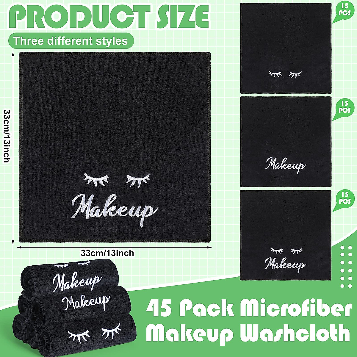 45 Pcs Makeup Remover Towels 13 x 13 Inches Reusable Makeup Wash Cloth Facial Cleansing Cloths Face Towel Washcloths with Embroidery for Hand and Make Up (Black with White Embroidery)