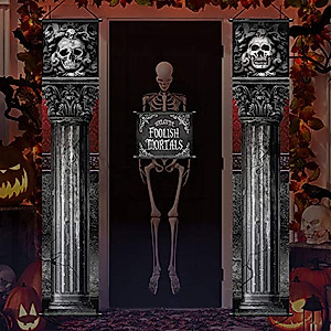 2 Pieces Halloween Gothic Mansion Banners Halloween Skull Hanging Banners with Welcome Foolish Mortals Porch Sign Spooky Halloween Pillar Sign Banner Decorations for Outdoor Halloween Party Supplies