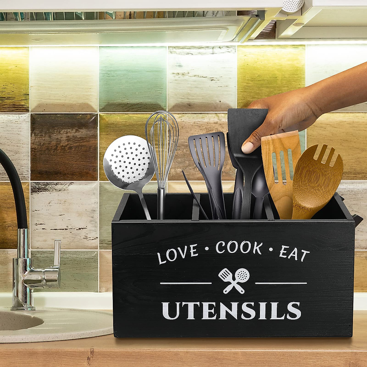 MINCORD Kitchen Utensil Holder with 3 Compartments, Rustic Wooden Utensils Storage Organizer Box Vintage Cutlery Holder, Farmhouse Flatware Utensil Caddy Countertop for Silverware Fork Spoon Spatula