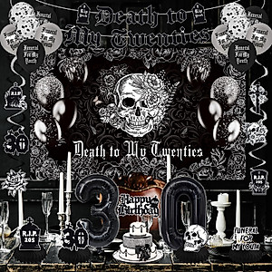 Crenics Death to My 20s Decorations - Death to My Twenties Backdrop, Banner, Honeycomb, Sash, Hanging Swirls, Cake Topper and Balloons for 30th Birthday Party Decorations for Her or Him