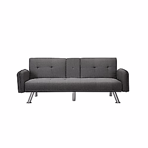 OYN Modern Futon Sofa Loveseat Convertible Sleeper Couch Bed Futonbed for Living Room Apartment Small Space Furniture Sets with 2 Cup Holders,Metal Legs, Removable Soft Square Armrest,Dark Gray