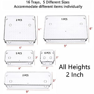 Cq acrylic 16-Piece Clear Plastic Drawer Dividers Organizer Tray for Makeup,Kitchen Utensils,Jewelries and Gadgets,5 Sizes Plastic Vanity Drawer Organizers and Storage Bins Clear