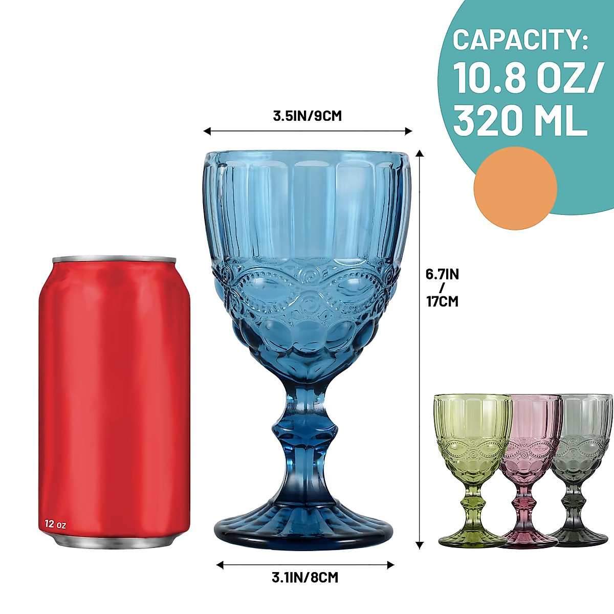 Wongblee Vintage Glass Goblets 10.8 Oz, Embossed Stemmed Glasses, Assorted Colored Drinking Glasses for Wine, Water, Juice, Beverage, Set of 4