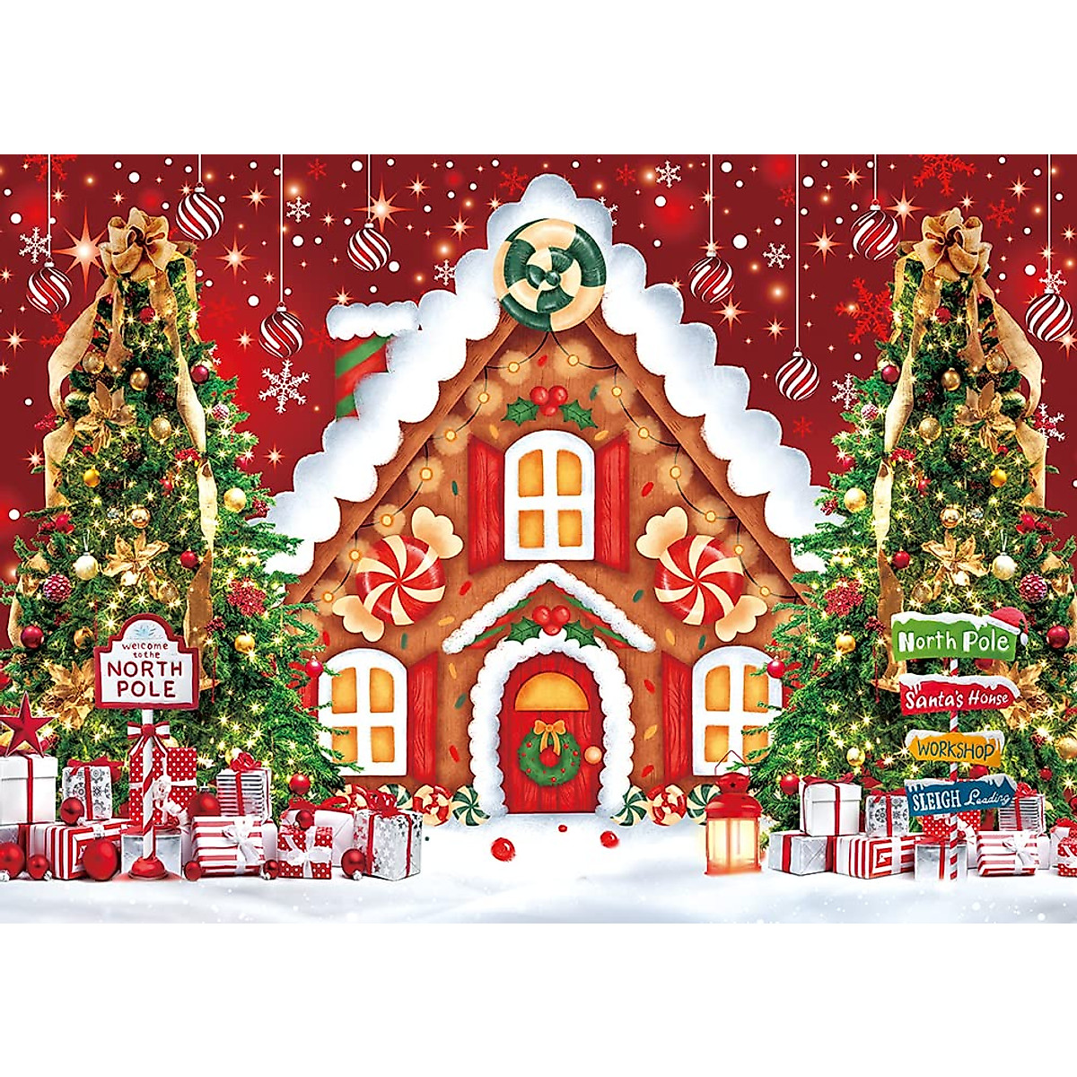 Christmas Gingerbread House Backdrop Winter Merry Xmas Tree Gift Photography Background Family Holiday Party Red Christmas Theme Backdrop Decoration 7x5FT