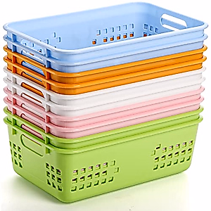 Jucoan 10 Pack Plastic Storage Basket, 10.5 x 7 x 3.5 Inch Colorful Plastic Classroom Storage Organizer Tray Bin with Handles for Drawer, Closet, Bathroom Kitchen, 5 Colors