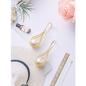 Big White Pearl Dangle Pierced Earrings for Women (White-14K Gold)