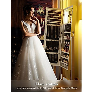 Nicetree Touch Screen LED Jewelry Organizer, Freestanding Full Length Mirror Jewelry Cabinet, Standing Mirror with Jewelry Storage, 2 Drawers, Foldable Makeup Shelf，White