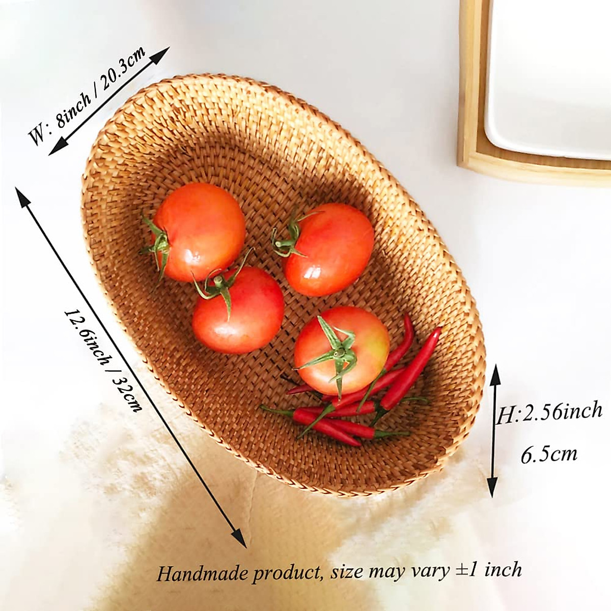 12.6 Inch Woven Bread Basket Fruit Basket for Kitchen Counter Wicker Handmade Long Bread Serving Basket Food Organizer Display Basket Storage Basket for Spoon Fork Napkin