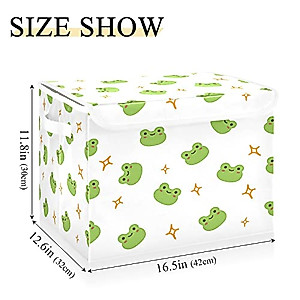 Kigai Storage Basket Cute Frog Storage Boxes with Lids and Handle, Large Storage Cube Bin Collapsible for Shelves Closet Bedroom Living Room, 16.5x12.6x11.8 In