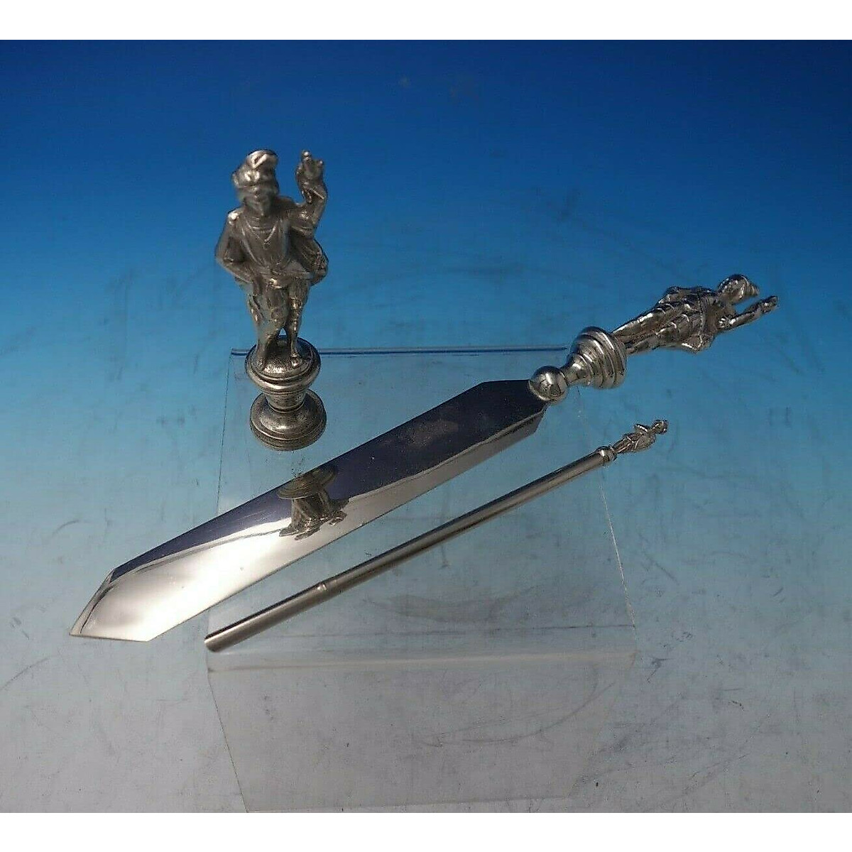 English Silverplate Desk Set 3pc Knife Seal Pen in Original Fitted Box (#5888)