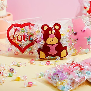 JOYIN 150 Pcs Valentine Cellophane Gift Bags Square Cellophane Candy Bags Valentine Goodies Bags in 6 Designs for Kids Valentine's Day Party Favor Supplies