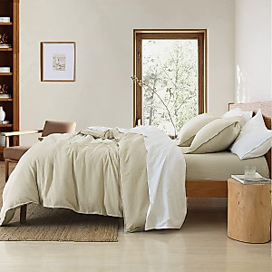 PANDATEX Beige Linen-Textured Rayon, Cotton, Linen Blend Duvet Cover Set, Pre-Washed Soft Breathable Queen Size Duvet Cover for Hot Sleepers, Durable Natural Organic Duvet Cover with 2 Pillowcases