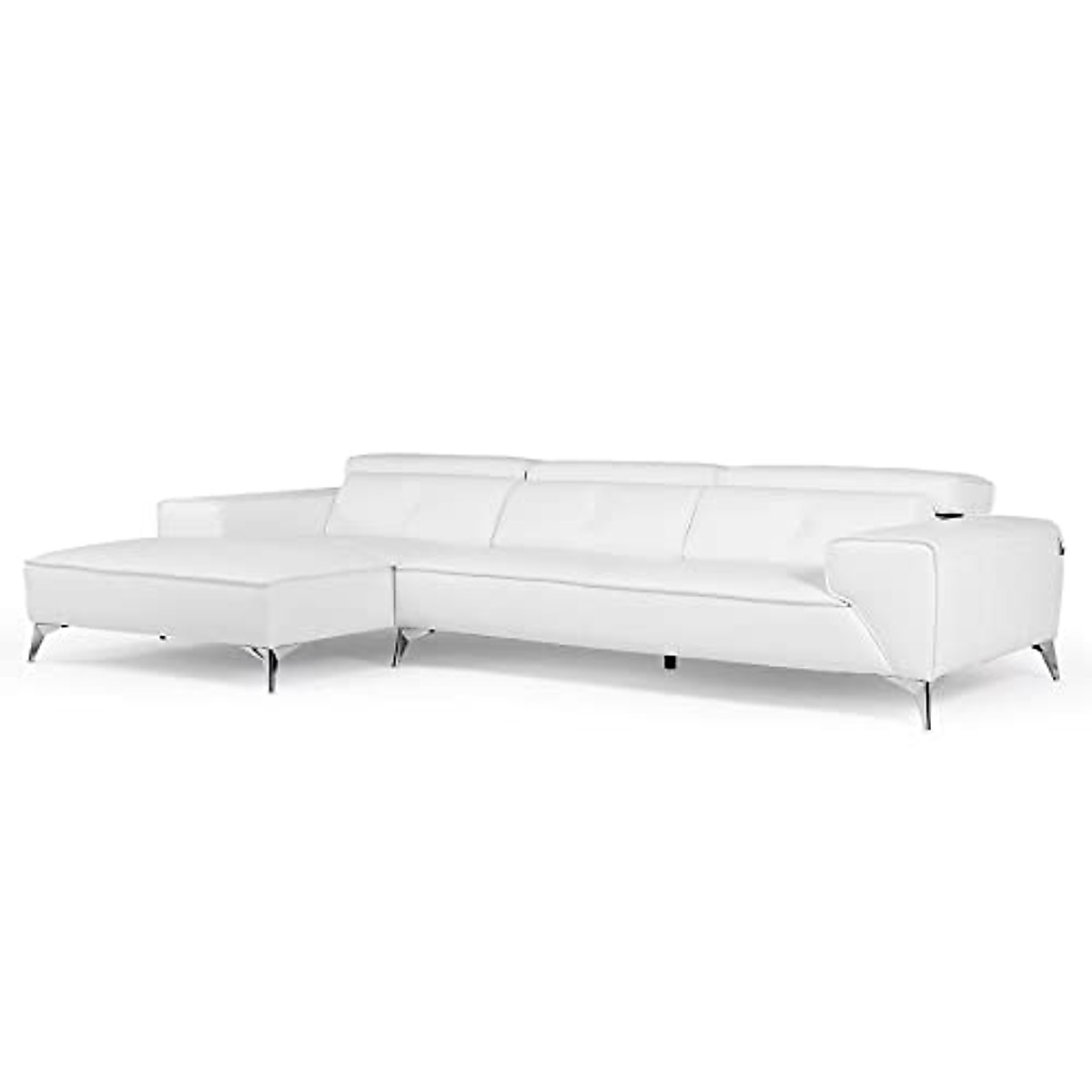 Zuri Furniture Raj Modern White Leather Sectional with Adjustable Headrests and Chaise - Left Chaise