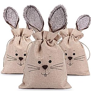 3 Pack Easter Burlap Bags Easter Bunny Tote with Drawstring Furry Bunny Ears Rabbit Easter Egg Hunts Goody Candy Treat Gift Storage Bags Kids Girls Easter Party Favor Bags(8" x 10.2")