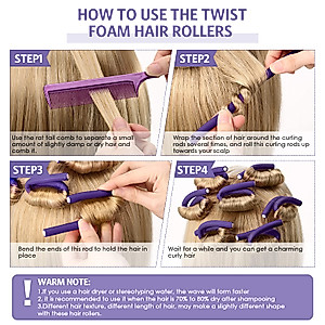 Syhood 30 Pcs 7'' Flexible Curling Rods Twist Foam Hair Rollers Soft Foam No Heat Hair Rods Rollers and 1 Steel Pintail Comb Rat Tail Comb for Women Long Short Hair(Purple,7 x 0.3 Inch)