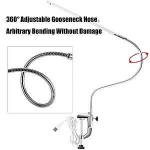 Brokimis Desk Light with Clamp, USB LED 8 W Clip Nail Desk Lamp Eye Care Flexible GooseNeck 360° Swivel Clamp Light for Manicure Reading Eyebrow Trimming Office Tattoo with Adapter
