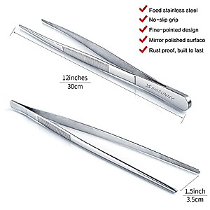 12 Inch Kitchen Tweezers Fine Tweezer Tongs, MSY BIGSUNNY Stainless Steel Food Tweezers Multi-function Precision Serrated Tips Cooking Tongs Kitchen Serving Tong