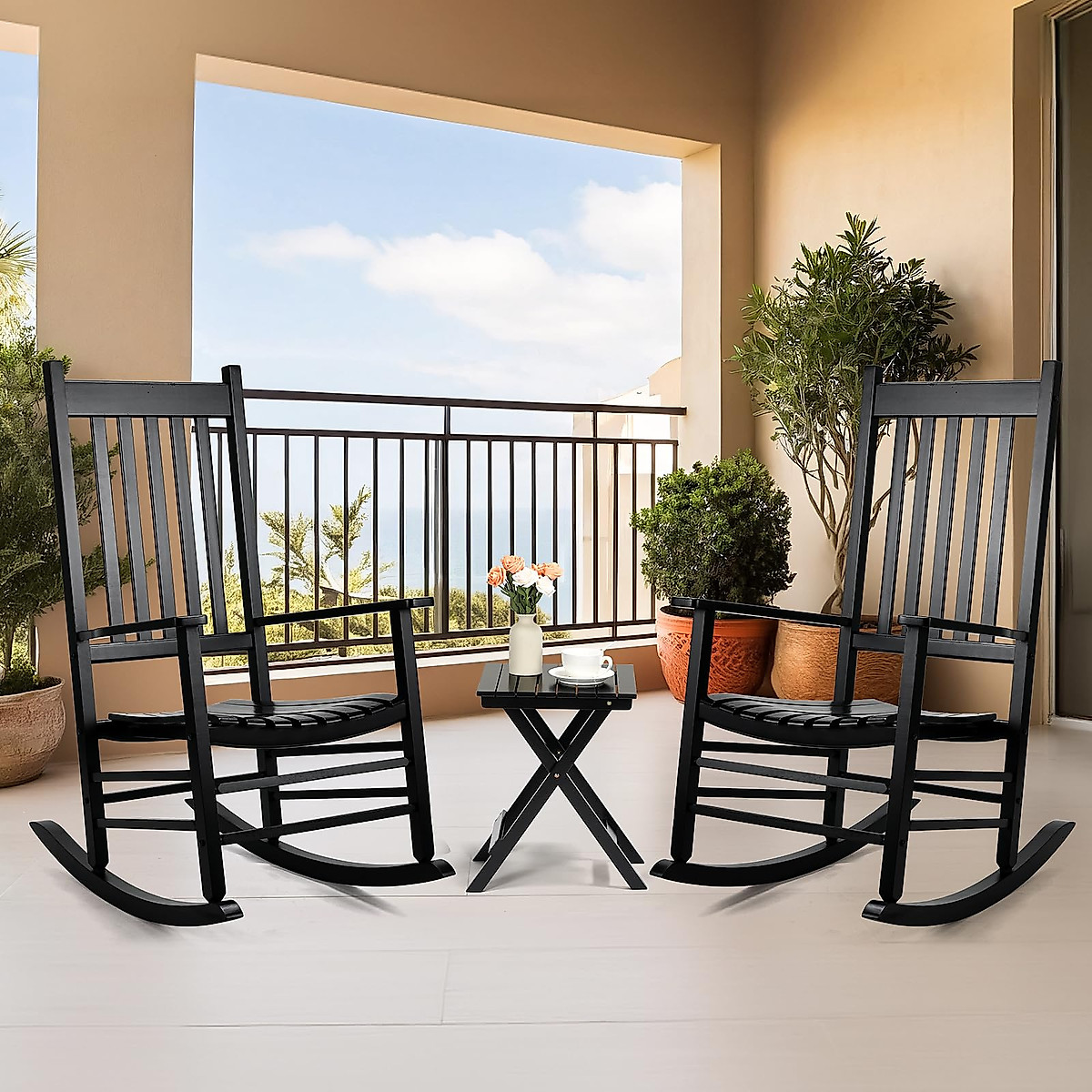 MAMIZO Outdoor Rocking Chair Set 3-Piece, Rocking Chair Patio Set of 2 with Side Table, with High Back,Indoors or Outdoor Wooden Rocking Chair, Easy to Assemble for Porch, Patio, Garden,Lawn, Balcony