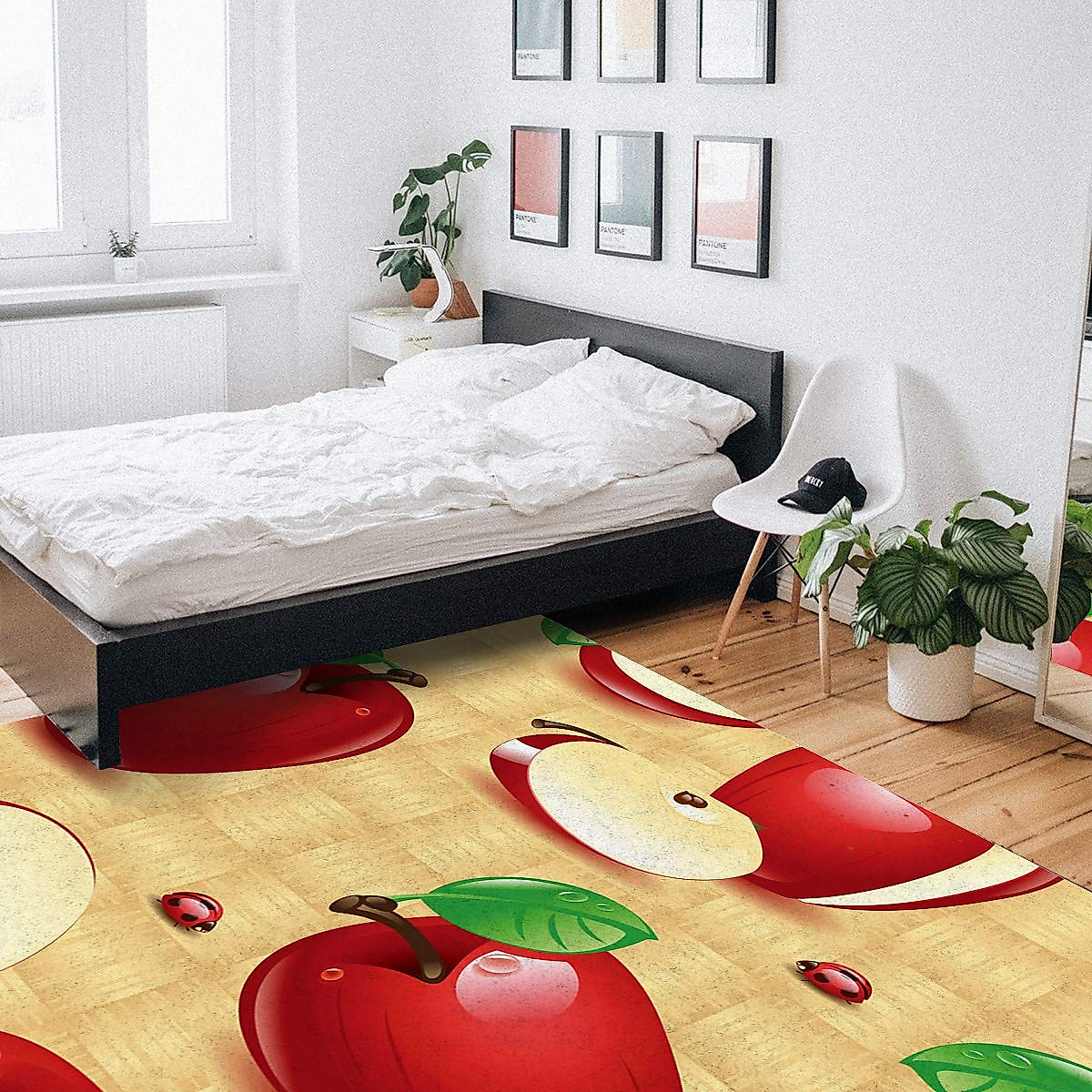 Red Apples Area Rug for Bedroom Living Room- Fresh Apples with Green Leaves Contemporary Floor Carpet Comfy Runner Rug Nursery Playmats Farm Fruit Home Decor Mat, 4'x6'