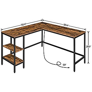 HOOBRO L Shaped Computer Desk with Charging Station, Industrial Corner Writing Desk with Adjustable Shelves, Study Workstation for Home Office, Stable and Space-Saving Rustic Brown and Black BF35UDN01