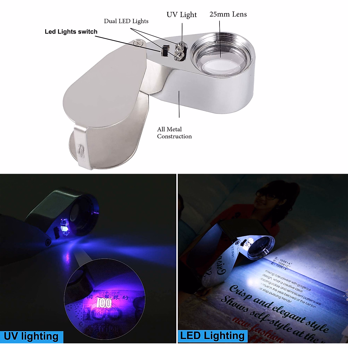 40X Metal Illuminated Jewelers Loop Magnifier Glass, Loupe Magnifier with Light and Pocket Folding, Handheld Jewelers Eye Loop for Jewelry Identifying, Currency Detecting, Rock Collecting, Stamps