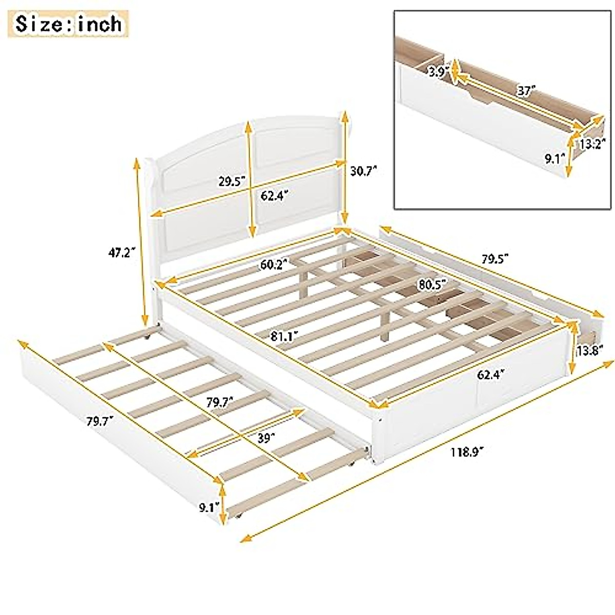 EMKK Queen Bed with Trundle and 2 Drawers, Wood Queen Size Platform Bed Frame Space-Saving Queen Size Bed for Boys, Girls, Kids, Teens and Adults