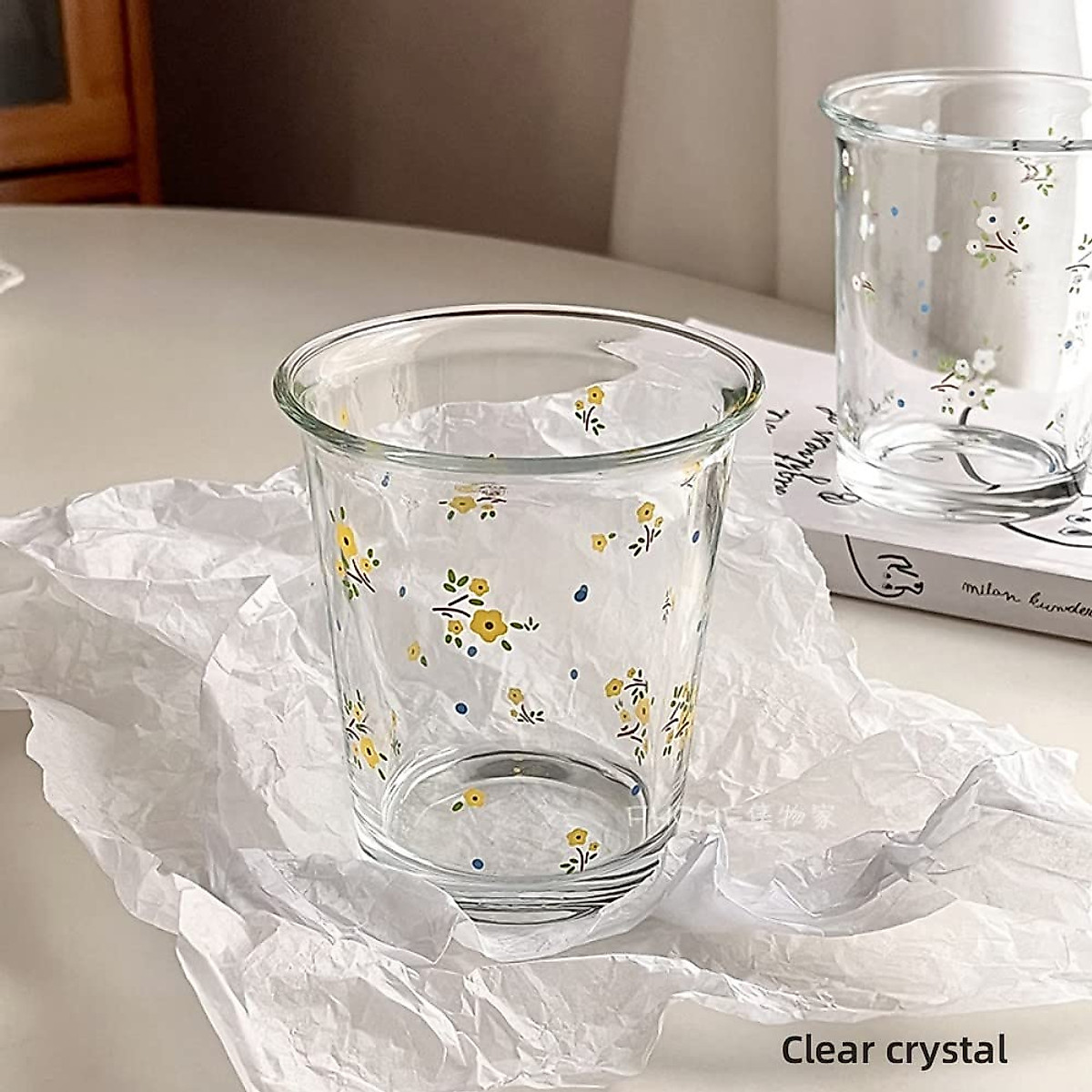 yaocoral Set of 2 12 OZ French Glassware Floral Drinking Glasses,Stackable Flower Glass Cup for Juice,Coffee,Iced Tea,Milk,Dessert,Mixed Drinks,Floral Drinkware Set(white yellow)