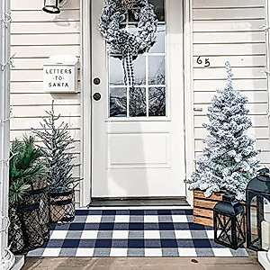 LEEVAN Cotton Buffalo Plaid Outdoor Rugs 2x4 ft Checkered Front Porch Rug Washable Woven Welcome Braided Door Mat for Layered Kitchen Farmhouse Bathroom Entryway Throw Carpet, Navy Blue and White