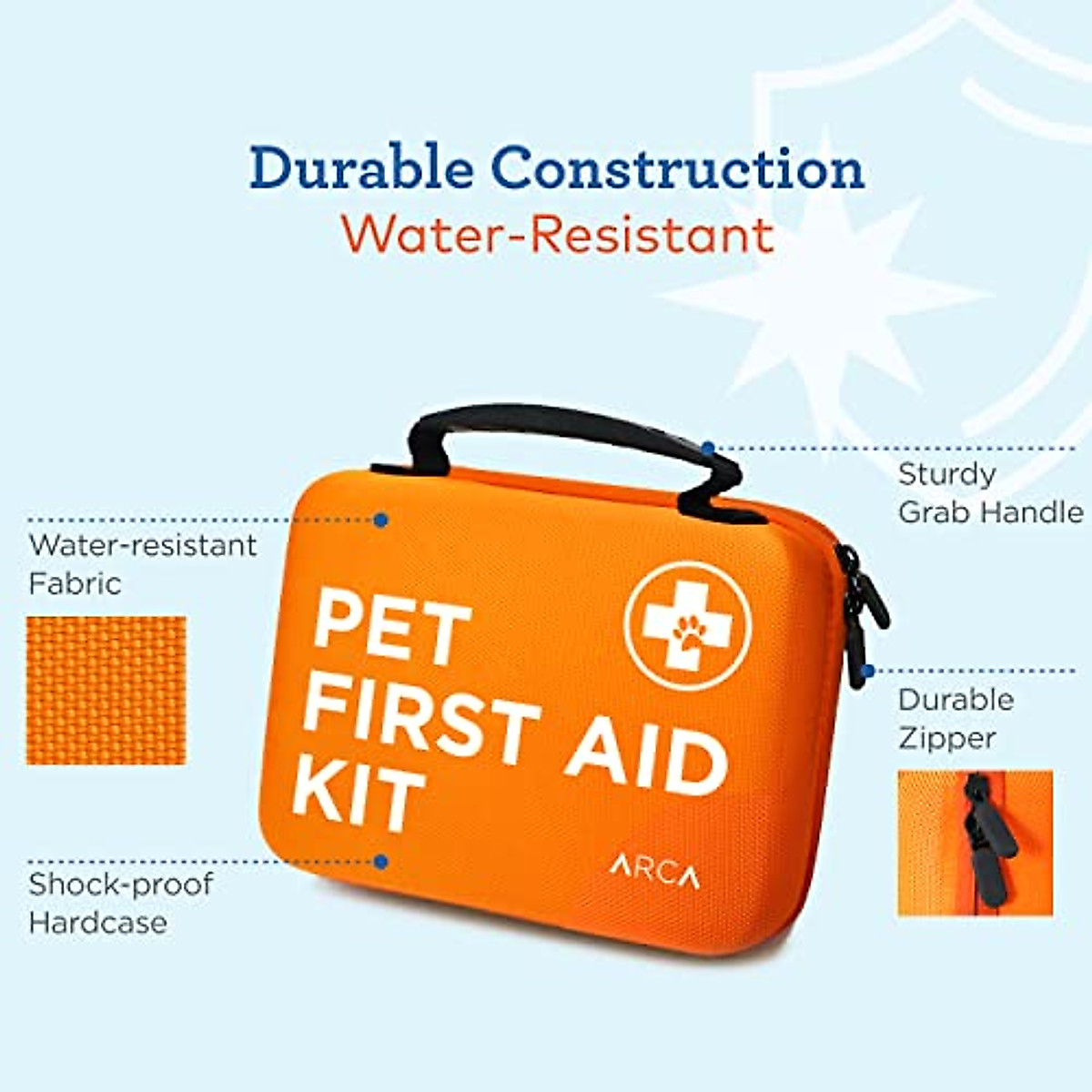 ARCA PET Cat & Dog First Aid Kit Home Office Travel Car Emergency Kit Pet Travel Kit – 100 Pieces with Emergency Collar and Pet Thermometer & Mini Pouch (Neon Orange)