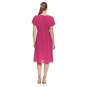 London Times Women's Pleat Tuck Catalina Crepe Dress with Waistband, Fuchsia Red, 14