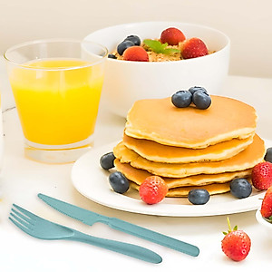 8 Sets Knives Spoons and Forks, Thickened Design Wheat Straw Cutlery, Reusable Utensils Set for Kid or Adult, Fork Spoon Knife Set for Party, Travel, Work, Picnic, Camping (Blue and green)