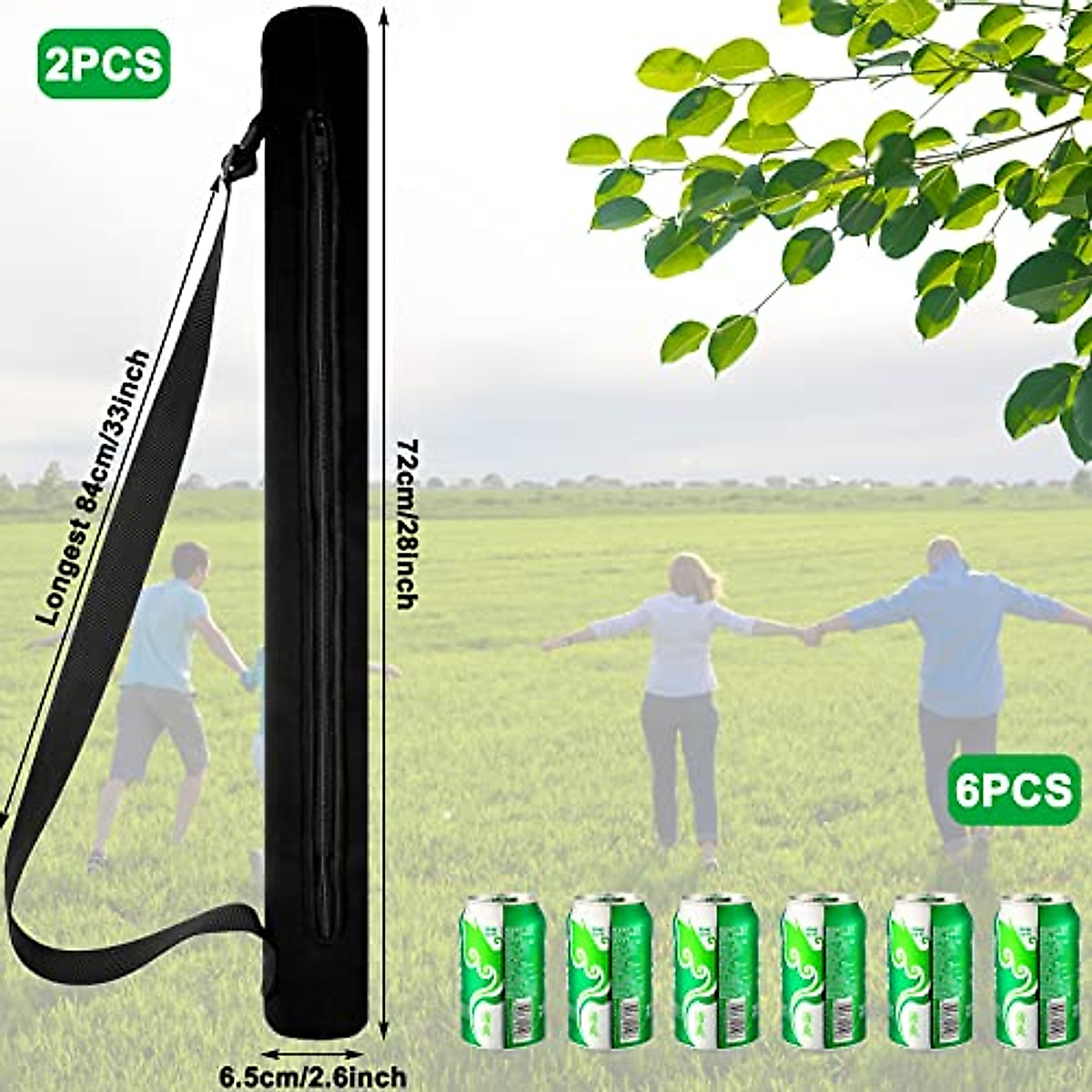 Cunhill 2 Pieces 6-Can Insulated Cooler Sleeve Beer Cooler Tube Black Insulated Beer Hold Golf Bag Insulated Beer Cooler for Golfing, Beach Days, Picnic, Traveling and More (Straps Style)