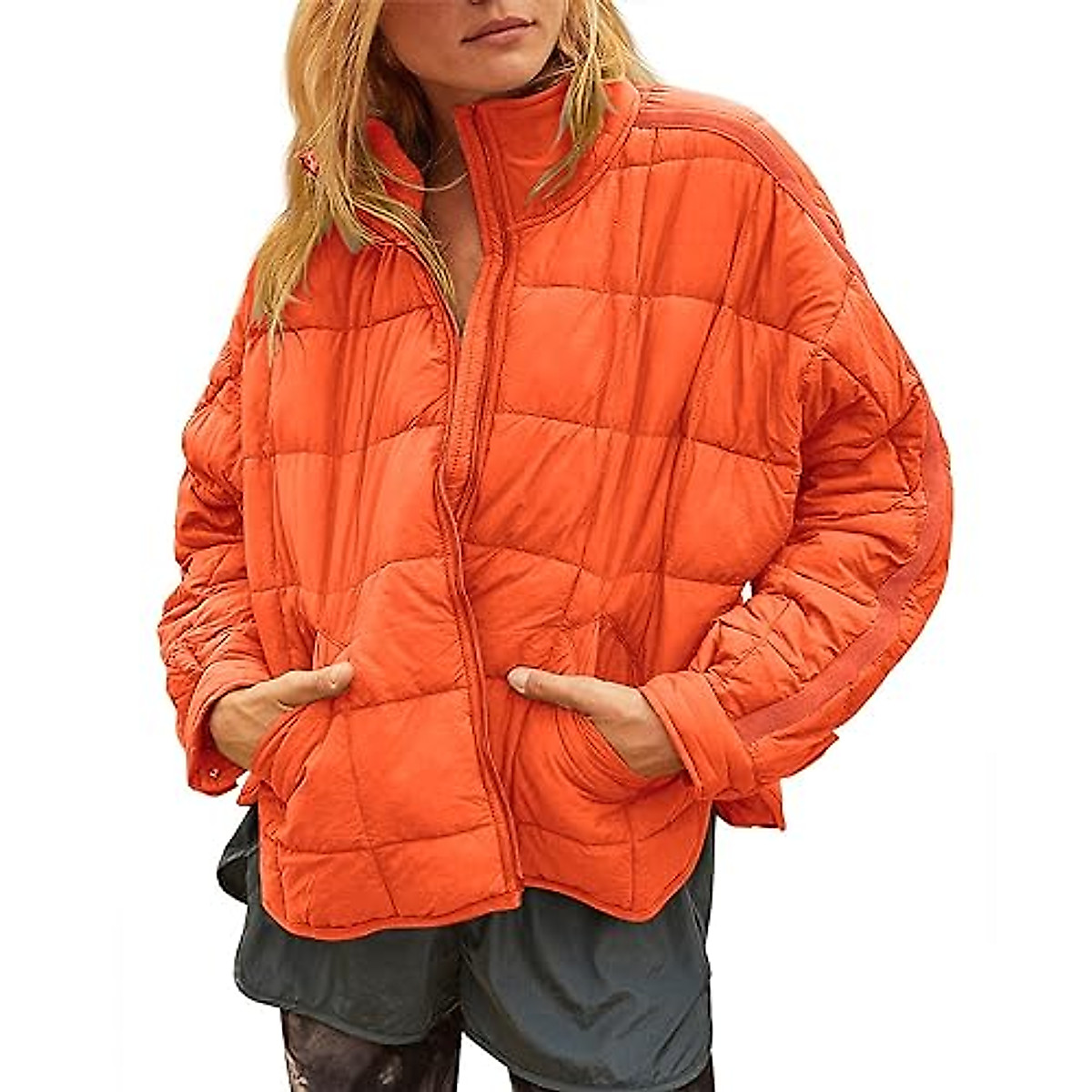 Flygo Oversized Puffer Jacket Womens Dolman Quilted Lightweight Jackets Zip Packable Winter Coats(Orange-XL)