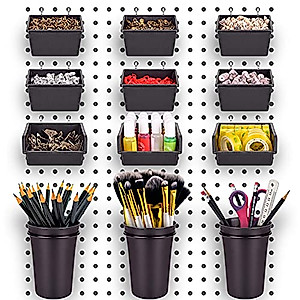 Pegboard Bins PegBoard Cups with Hooks & Loops 12 Pack Set, Peg Hooks Assortment Organizer Accessory, Various Tools Storage Arrange System Kit, for Garage Craft Workshop Workbench Hobby Office