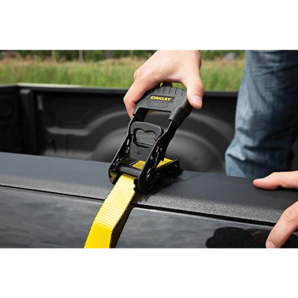 STANLEY S1007 Black/Yellow 1.5" x 16' Ratchet Tie Down Straps - 1,100 lb Safe Working Load / 3,300 lb Break Strength, 2 Pack