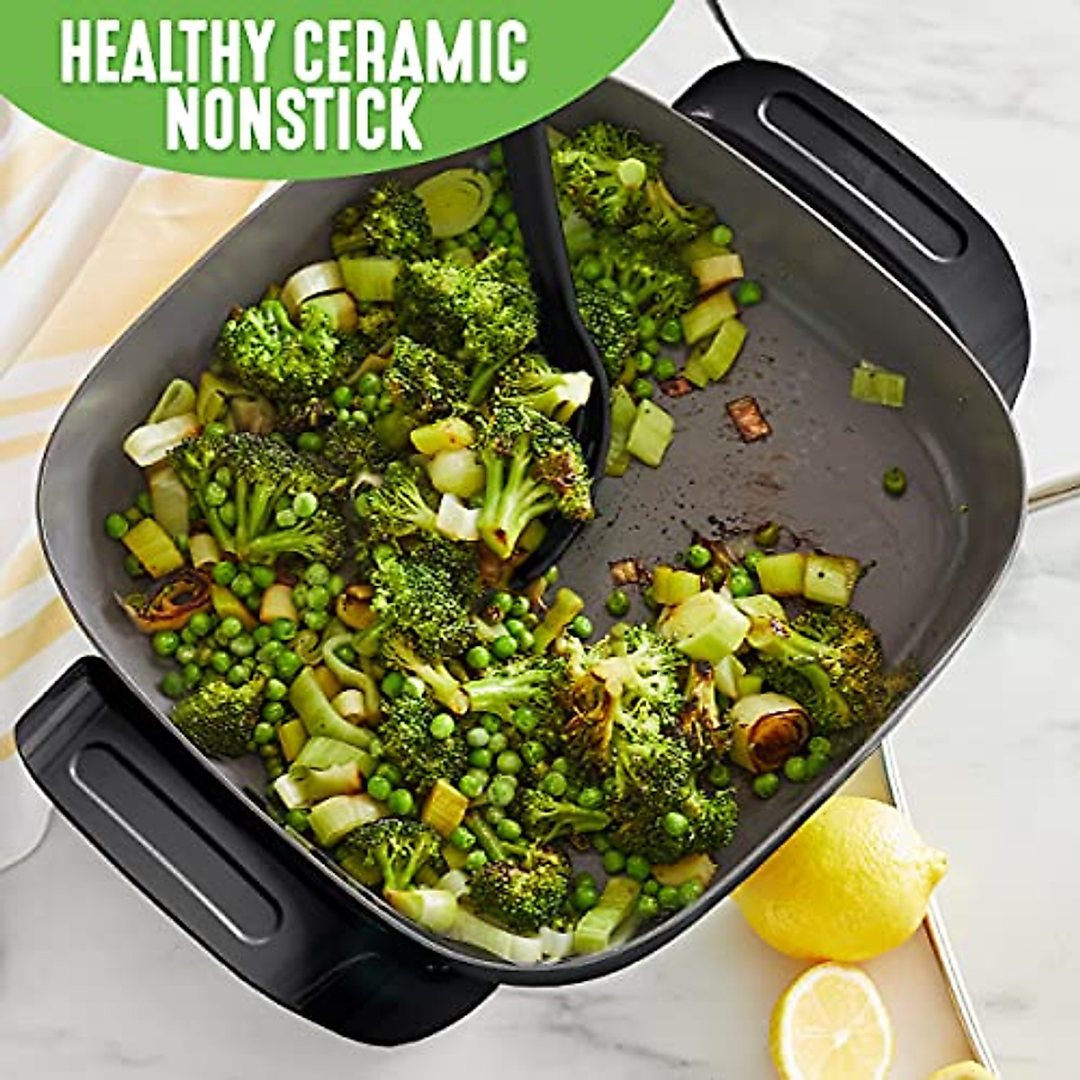 GreenLife Healthy Ceramic Nonstick, 12" 5QT Square Electric Skillet with Glass Lid, Dishwasher Safe, Adjustable Temperature Control, PFAS-Free, Black
