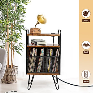 Hadulcet 3 Tier End Table, Record Player Stand with USB Ports and Outlets, Turntable Stand for Vinyl Storage with 3 Dividers, Industrial Side Table for Living Room Bedroom, Rustic Brown