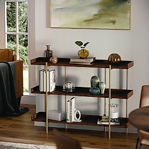 Martha Stewart Emmett 3 Shelf Storage Display Unit Bookcase with Metal, Set of 1, Walnut Wood Grain/Polished Brass Frame