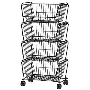 PUSDON 4-Tier Stackable Metal Storage Baskets, Anti-Rust Fruit Vegetable Rack, Dual Use Shelf for Kitchen, Home & Office, Black