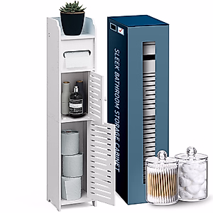 StorageBud Bathroom Storage Organizer - Floor Standing with Shelves - Includes 2 Apothecary Jars - Tall Bathroom Storage Cabinet for Toilet Paper, Towel & Other Bathroom Storage Accessories - White
