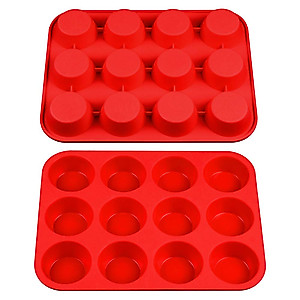 SJ European LFGB Silicone Muffin Pan Baking Trays, 2-Pack, 12-Cup & 24-Cup Cupcake Pans Silicone Baking Molds, Red, Non-Stick & BPA Free