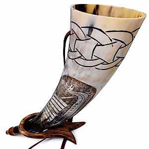 Viking War Horn - 16" Genuine Ox-Horn Battle Trumpet - Premium Hand Engraved BOAT Horn Viking Norse Cattle Ancient Horn Bugle Hunting Tool BATTLE HORN BLOWING HORN VIKING BUGLE HORN With Wooden Stand