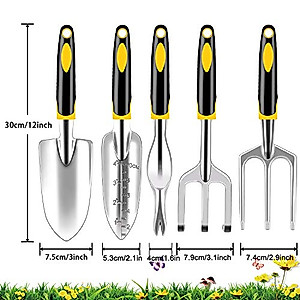 FEBSNOW Garden Tool Set - 5 Pieces Heavy Duty Gardening Hand Tools Kit Include Garden Trowel, Garden Rake, Spade Shovel, Weeder, Cultivator for Men, Women
