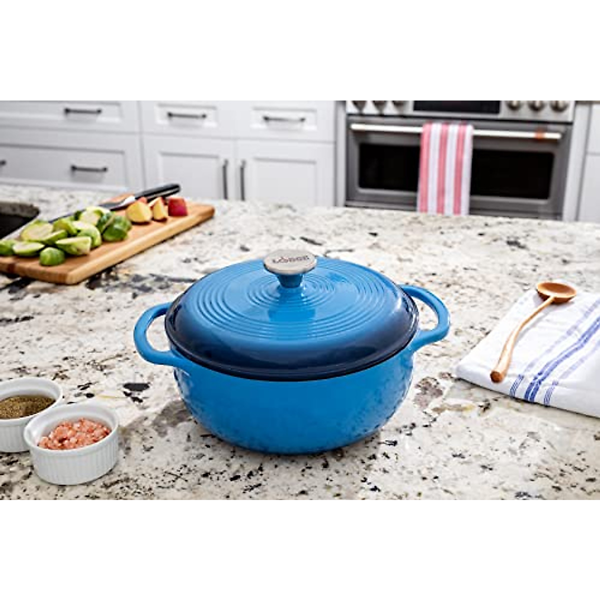 Lodge 4.5 Quart Enameled Cast Iron Dutch Oven with Lid – Dual Handles – Oven Safe up to 500° F or on Stovetop - Use to Marinate, Cook, Bake, Refrigerate and Serve – Caribbean Blue